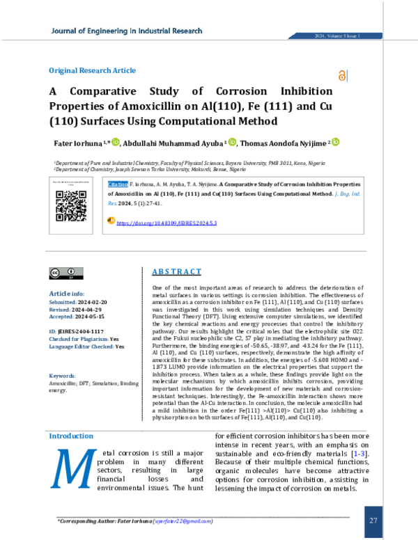 (PDF) A Comparative Study of Corrosion Inhibition Properties of Amoxicillin on Al(110), Fe (111 ...
