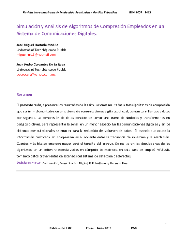 (PDF) Simulación y Análisis de Algoritmos de Compresión Empleados en un ...