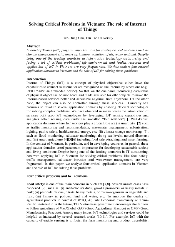 (PDF) Solving Critical Problems in Vietnam: The role of Internet of Things