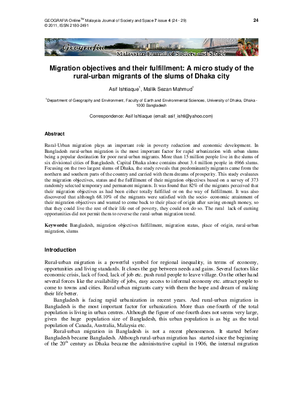 (PDF) Migration objectives and their fulfillment: A micro study of the ...