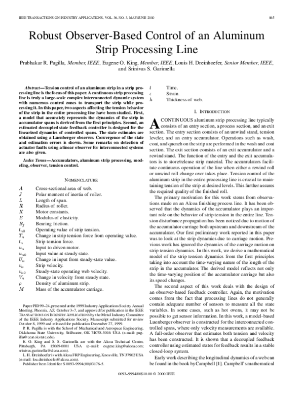 (PDF) Robust observer-based control of an aluminum strip processing line