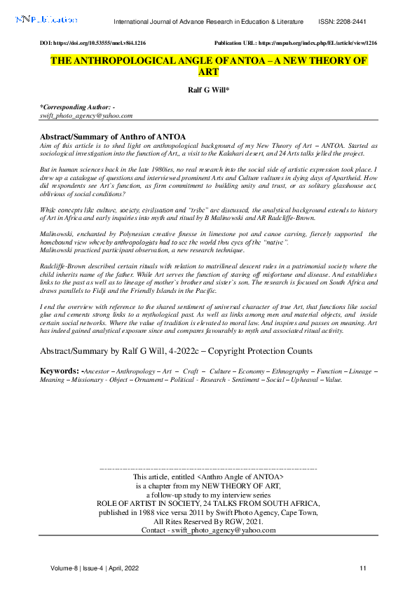 (PDF) THE ANTHROPOLOGICAL ANGLE OF ANTOA -A NEW THEORY OF ART