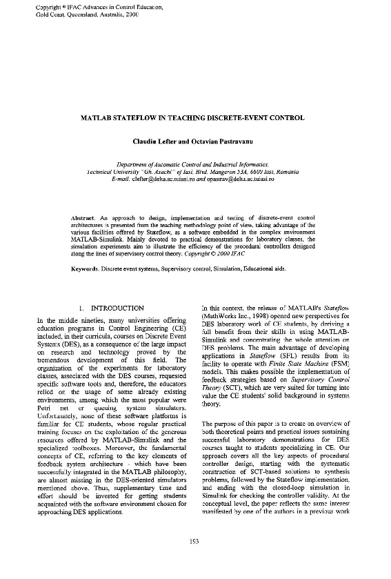 (PDF) Matlab Stateflow in Teaching Discrete-Event Control