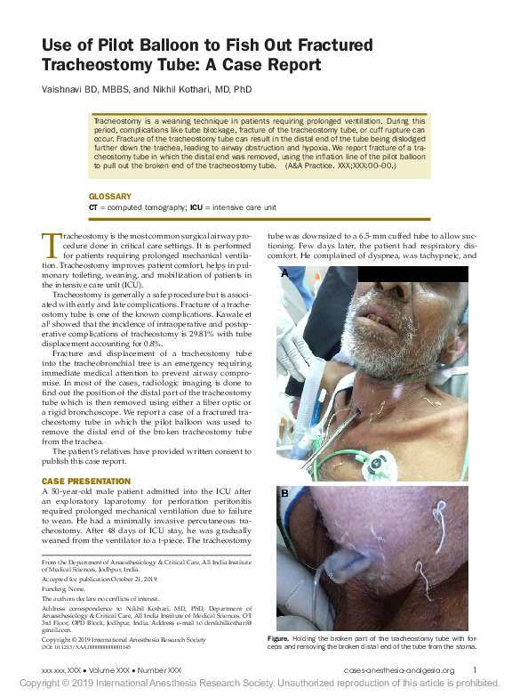 (PDF) Use of Pilot Balloon to Fish Out Fractured Tracheostomy Tube: A ...