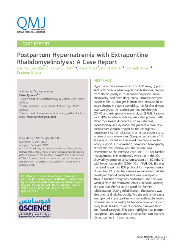 (PDF) Postpartum Hypernatremia with Extrapontine Rhabdomyelinolysis: A Case Report