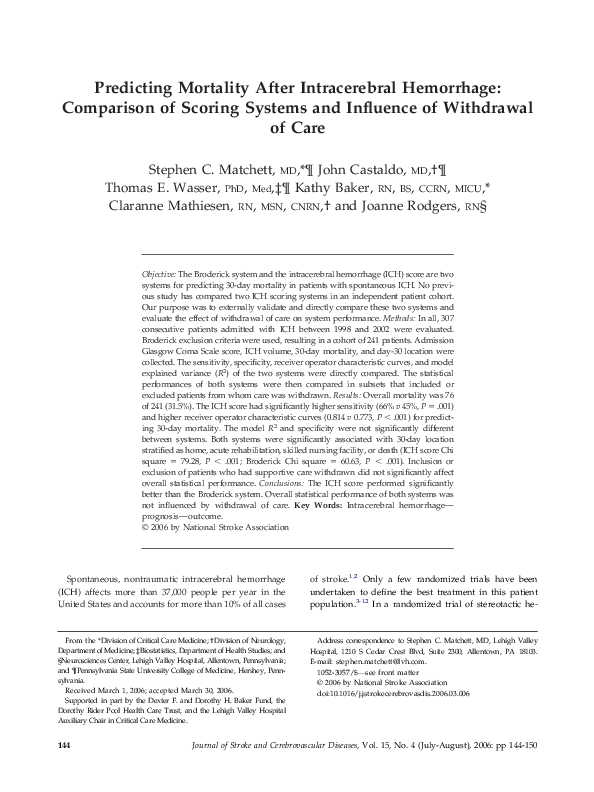 (PDF) Predicting Mortality After Intracerebral Hemorrhage: Comparison ...