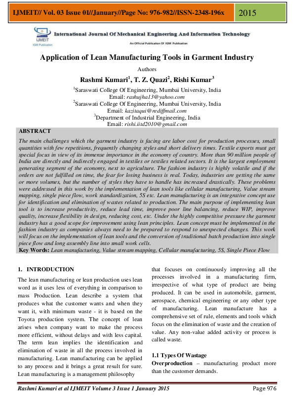 (PDF) Application of Lean Manufacturing Tools in Garment Industry