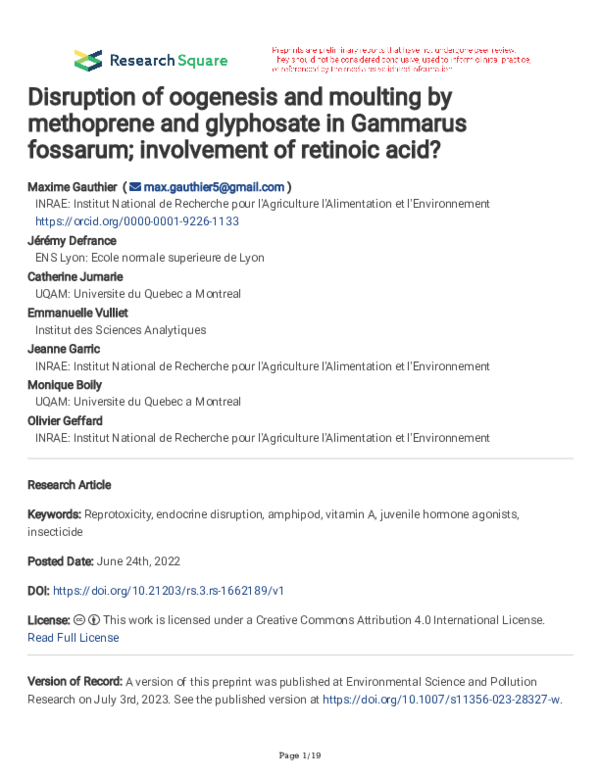 (PDF) Disruption of oogenesis and moulting by methoprene and glyphosate ...