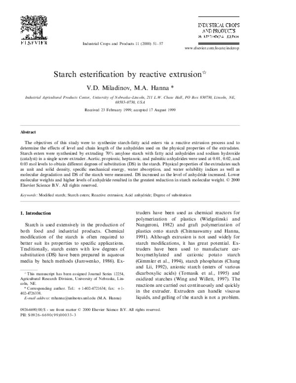 (PDF) Starch esterification by reactive extrusion