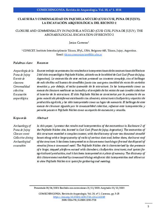 (PDF) 2024 / ARTÍCULO / Clausura y comensalidad en Pajchela Núcleo (Cusi Cusi, Puna de Jujuy ...