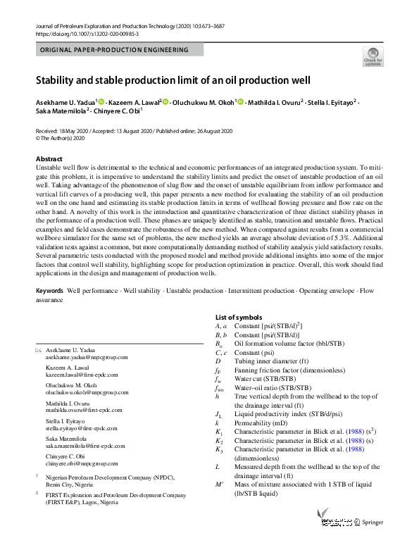 (PDF) Stability and stable production limit of an oil production well