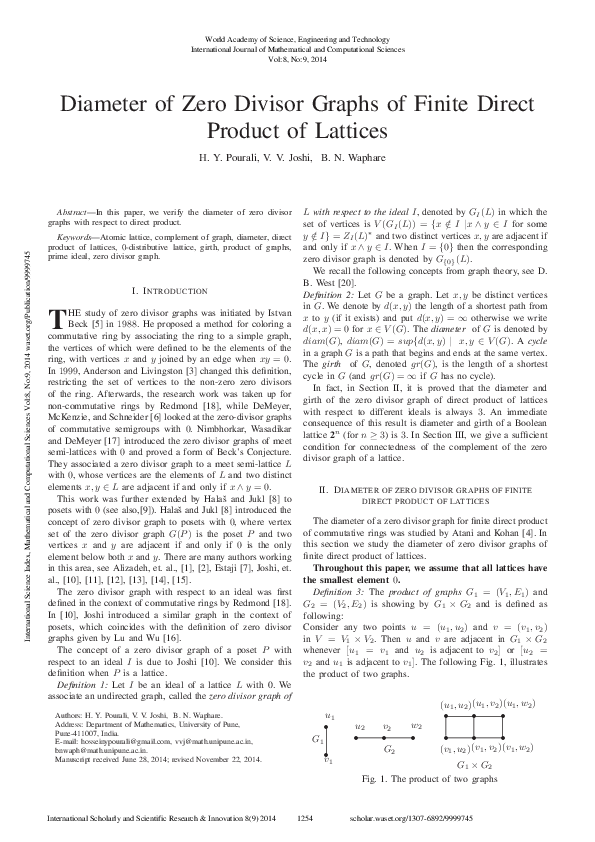 (PDF) Diameter Of Zero Divisor Graphs Of Finite Direct Product Of Lattices