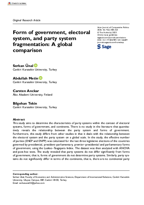 (PDF) Form of Government, Electoral System, and Party System ...