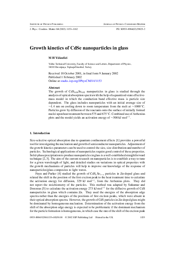 (PDF) Growth kinetics of CdSe nanoparticles in glass