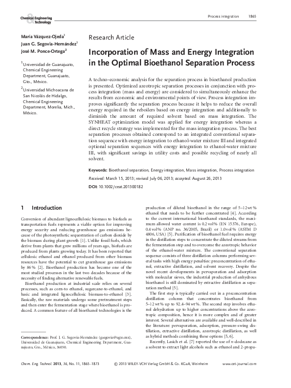 (PDF) Incorporation of Mass and Energy Integration in the Optimal ...