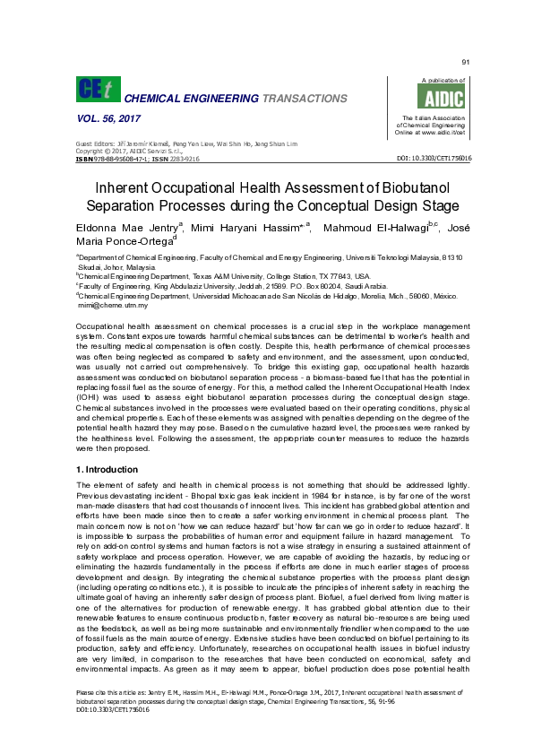 Inherent Occupational Health Assessment of Biobutanol Separation ...