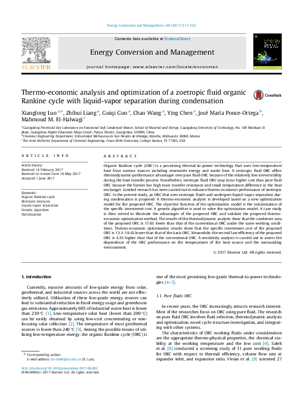 (PDF) Thermo-economic analysis and optimization of a zoetropic fluid organic Rankine cycle with ...