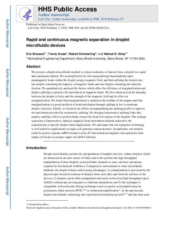 (PDF) Rapid and continuous magnetic separation in droplet microfluidic devices