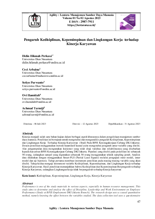 (PDF) Pengaruh Kedisiplinan, Kepemimpinan dan Lingkungan Kerja terhadap Kinerja Karyawan