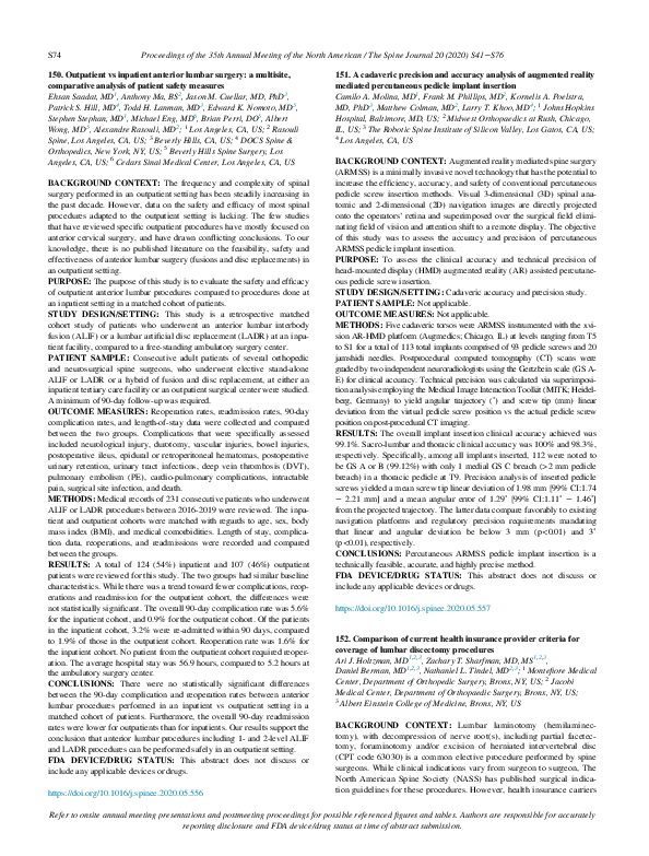 (PDF) 150. Outpatient vs inpatient anterior lumbar surgery: a multisite ...