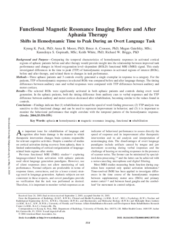 (PDF) Functional Magnetic Resonance Imaging Before and After Aphasia Therapy