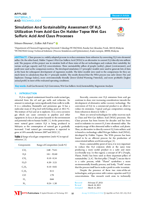(PDF) Simulation and Sustainability Assessment Of H2S Utilization from ...
