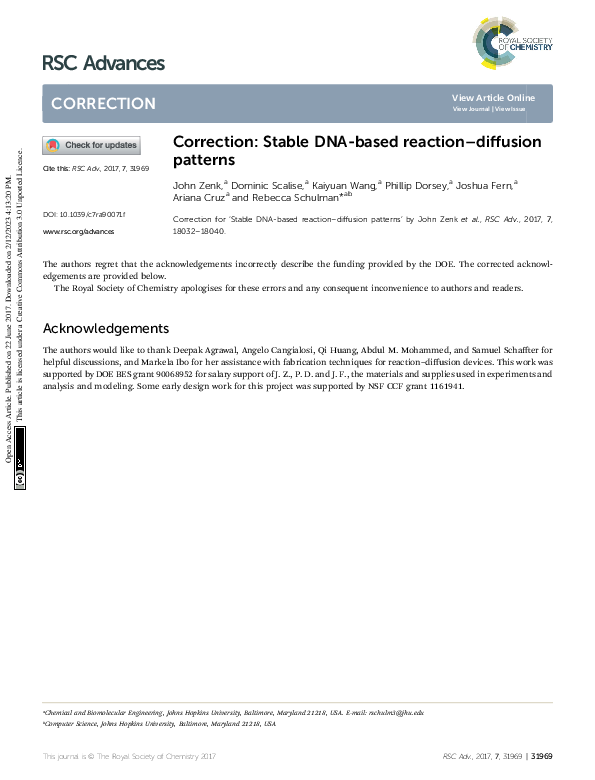 (PDF) Correction: Stable DNA-based reaction–diffusion patterns | Kaiyuan Wang - Academia.edu