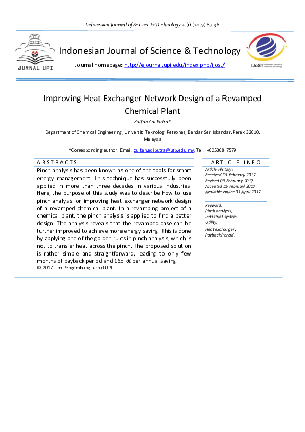 (PDF) Improving Heat Exchanger Network Design of a Revamped Chemical Plant