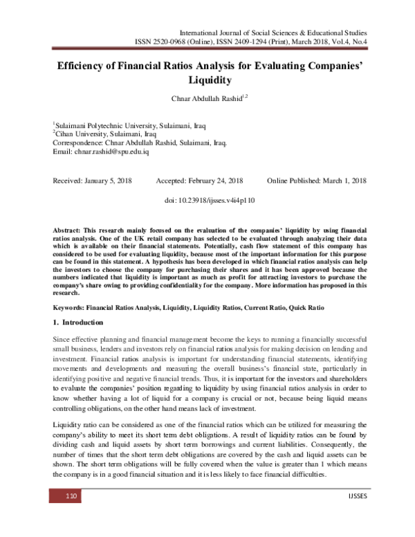 (PDF) Efficiency of Financial Ratios Analysis for Evaluating Companies’ Liquidity