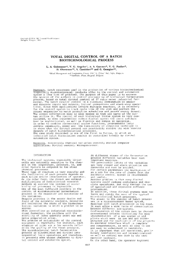(PDF) Total Digital Control of a Batch Biotechnological Process