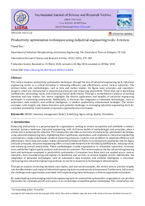 (PDF) Productivity optimization techniques using industrial engineering tools: A review