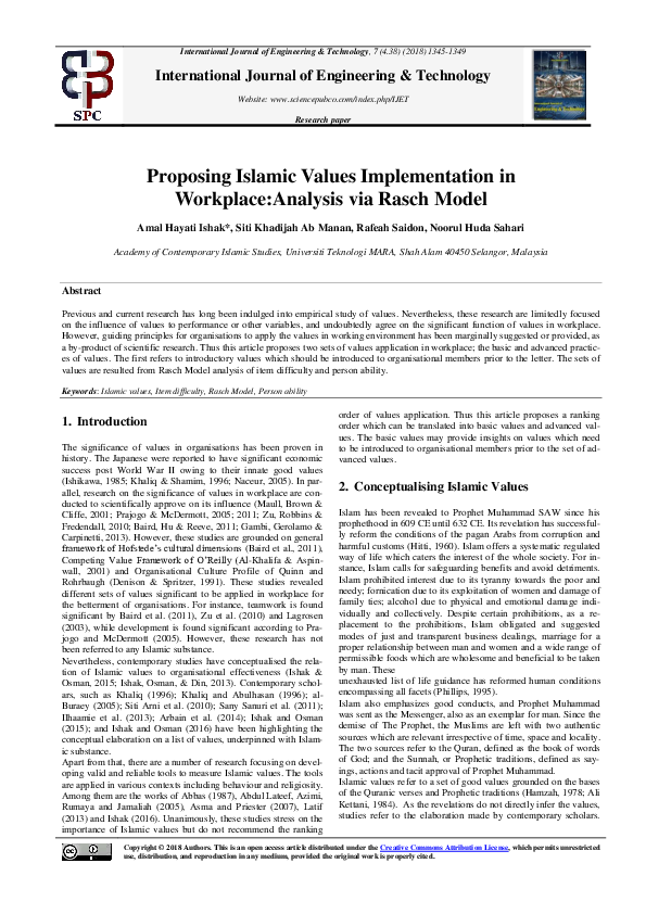 (PDF) Proposing Islamic Values Implementation in Workplace:Analysis via Rasch Model