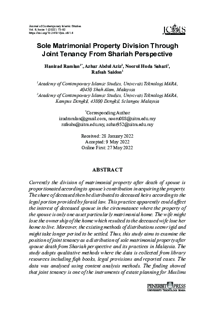 (PDF) Sole Matrimonial Property Division Through Joint Tenancy From ...
