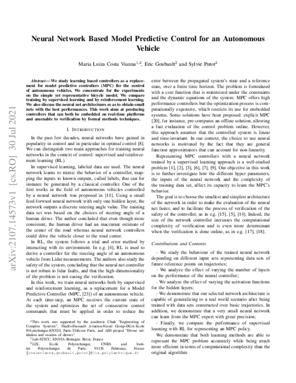 (PDF) Neural Network Based Model Predictive Control for an Autonomous Vehicle