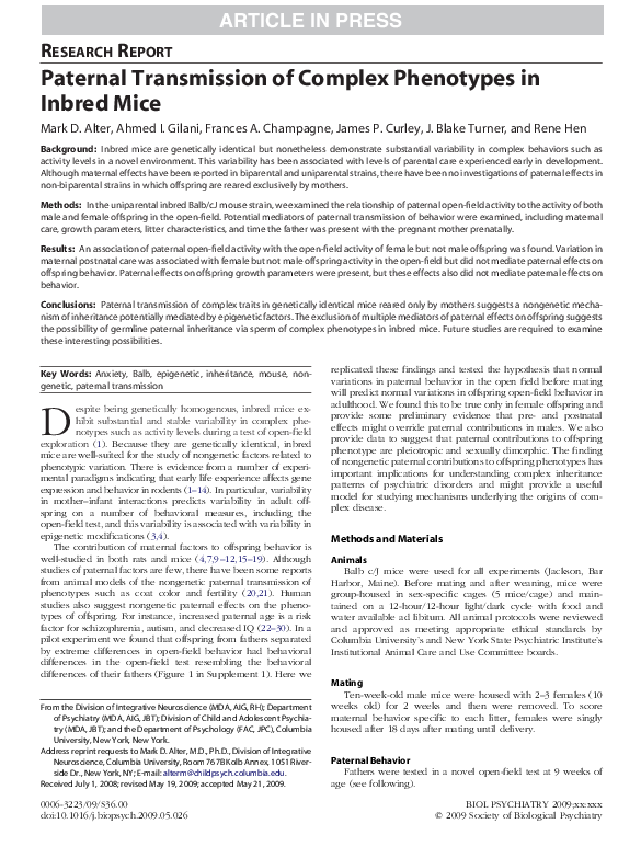 (PDF) Paternal Transmission of Complex Phenotypes in Inbred Mice