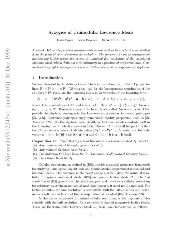 (PDF) Syzygies of Unimodular Lawrence Ideals