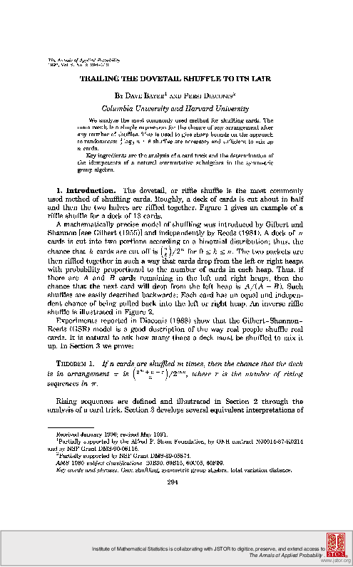 (PDF) Trailing the Dovetail Shuffle to its Lair | Dave Bayer - Academia.edu