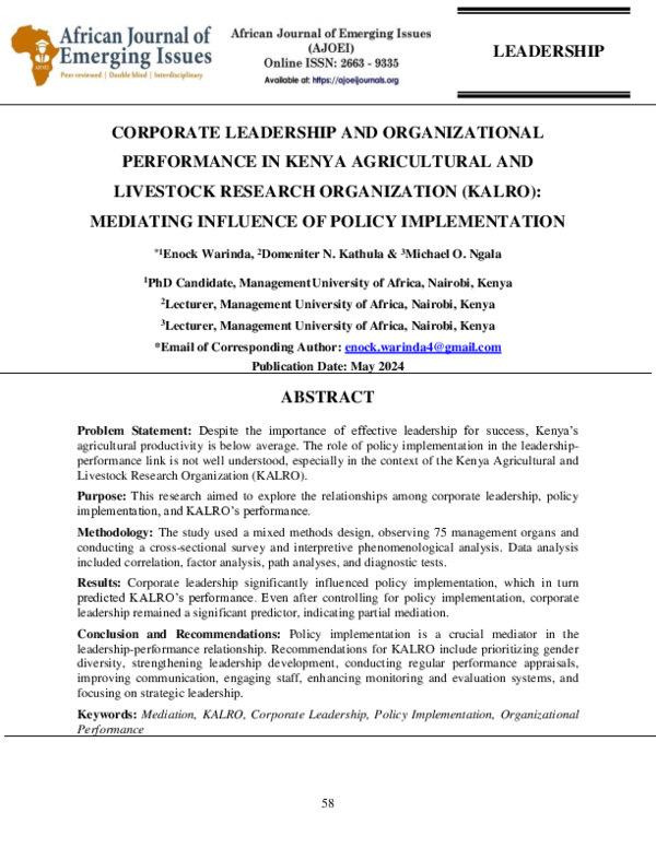 (PDF) CORPORATE LEADERSHIP AND ORGANIZATIONAL PERFORMANCE IN KENYA ...