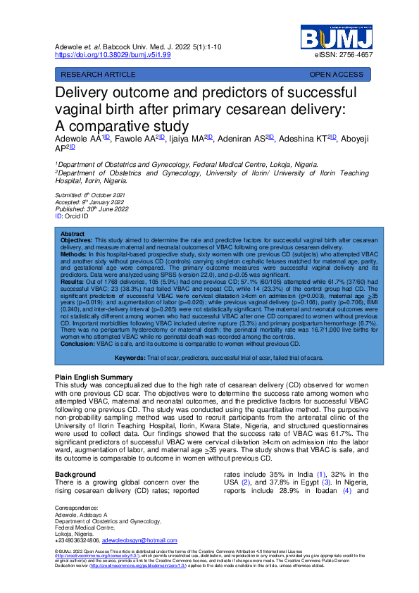 Pdf Delivery Outcome And Predictors Of Successful Vaginal Birth After