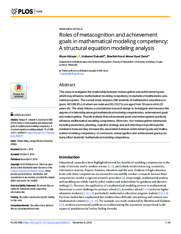 (PDF) Roles of metacognition and achievement goals in mathematical modeling competency: A ...