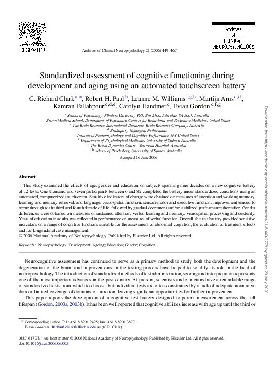 (PDF) Standardized assessment of cognitive functioning during ...