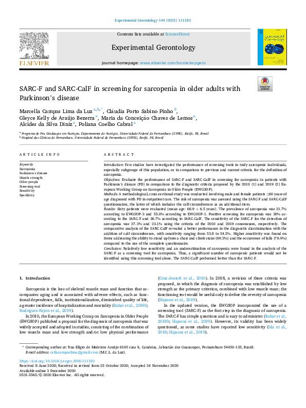 (PDF) SARC-F and SARC-CalF in screening for sarcopenia in older adults ...