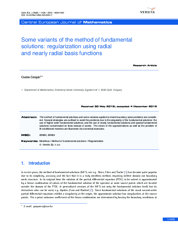 (PDF) Some variants of the method of fundamental solutions: regularization using radial and ...