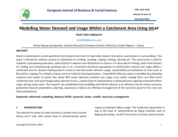 (PDF) Modelling Water Demand and Usage Within a Catchment Area Using WEAP