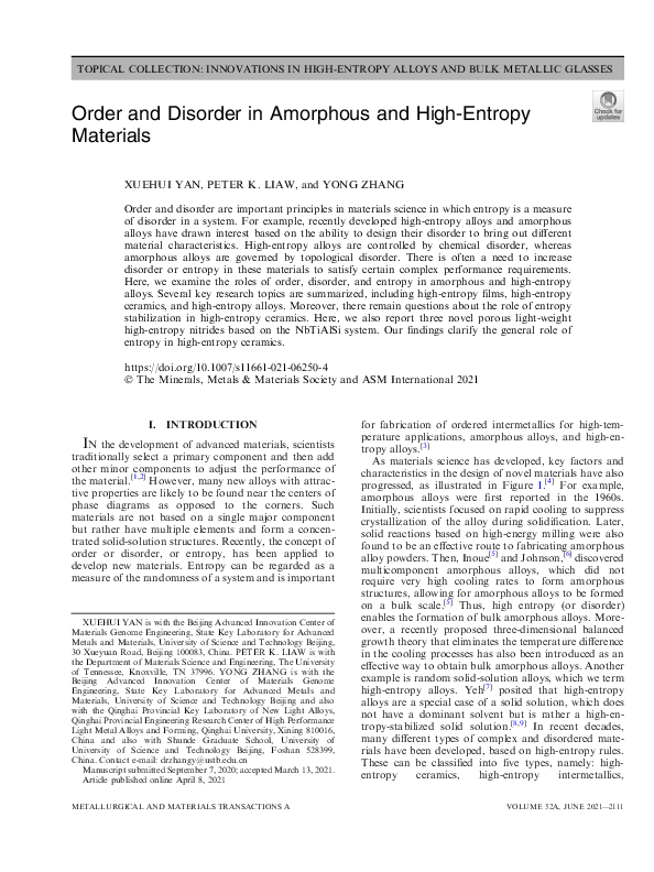 (PDF) Order and Disorder in Amorphous and High-Entropy Materials