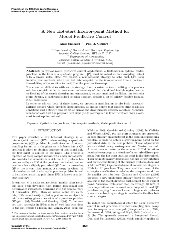 (PDF) A New Hot-start Interior-point Method for Model Predictive Control