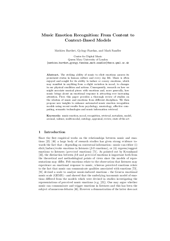 Pdf Music Emotion Recognition From Content To Context Based Models