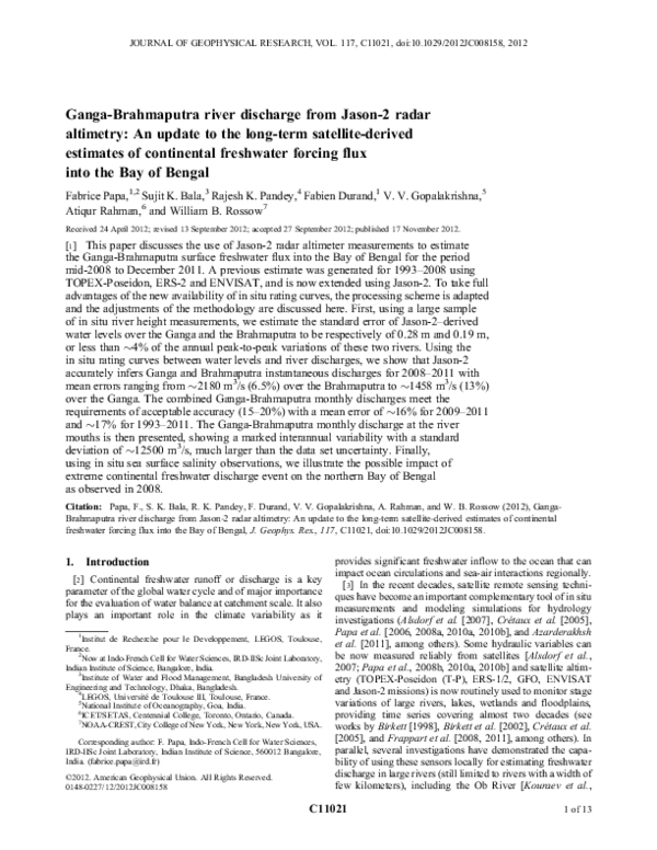 (PDF) Ganga-Brahmaputra river discharge from Jason-2 radar altimetry ...