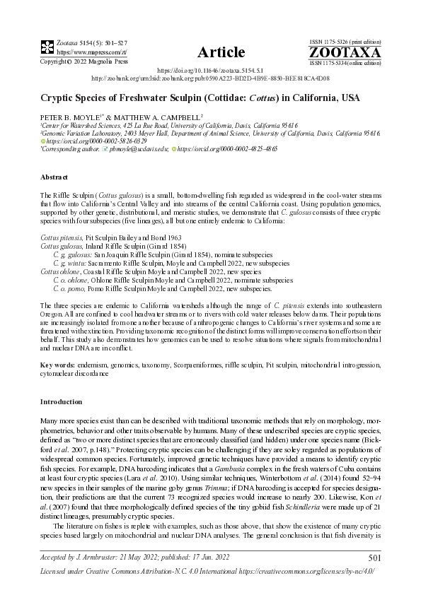 (PDF) Cryptic Species of Freshwater Sculpin (Cottidae: Cottus) in ...