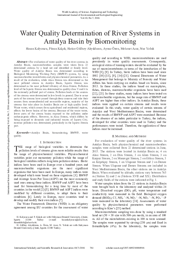 (PDF) Water Quality Determination Of River Systems In Antalya Basin By ...